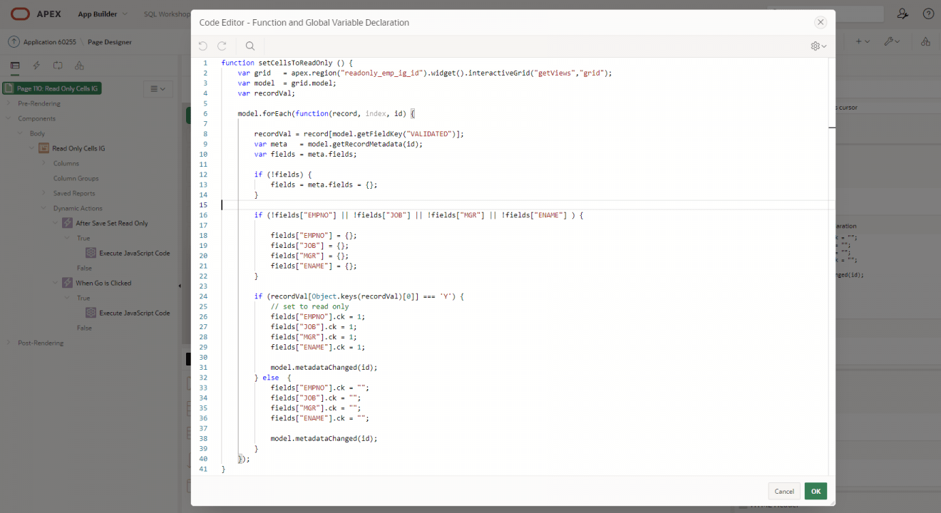 How to Set Specific Cells of Oracle APEX Interactive Grids to Read Only prior to 21.2 - Insum