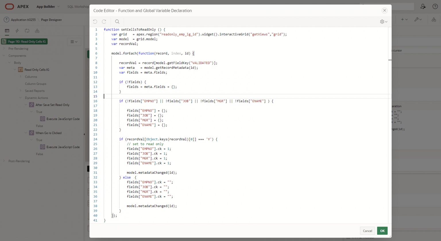 How to Set Specific Cells of Oracle APEX Interactive Grids to Read Only prior to 21.2 - Insum